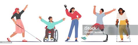 세트 장애인 캐릭터 블라인드 여자 와 지팡이 휠체어남자 로봇 손 보철물로 여자 목발에 소녀 장애에 대한 스톡 벡터 아트 및 기타 이미지 Istock