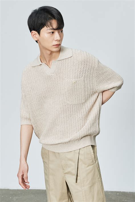 SS 크로셰 오픈 카라 반팔 니트 베이지 THE KNIT COMPANY