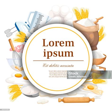 베이킹 재료와 주방 도구 플랫 기구 컬렉션입니다 라운드 카드 디자인입니다 카드와 광고에 대 한 개념입니다 텍스트에 대 한 장소를 가진 백색 원형입니다 흰색 배경에서 벡터