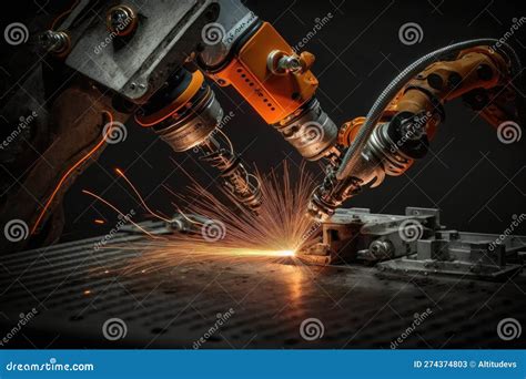 Spot Welding Robot With Its Arm And Spot Welding Torch In Motion Making A Precise Weld Stock