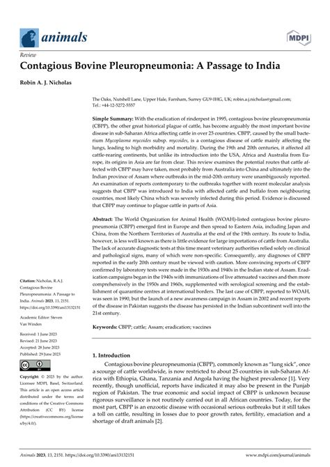 Pdf Contagious Bovine Pleuropneumonia A Passage To India