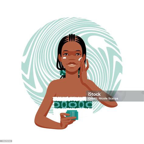 예쁜 젊은 아프리카 여자 퍼 팅 뷰티 크림 에 그녀의 얼굴 와 A 항아리 의 손에 보습제에 대한 스톡 벡터 아트 및 기타 이미지
