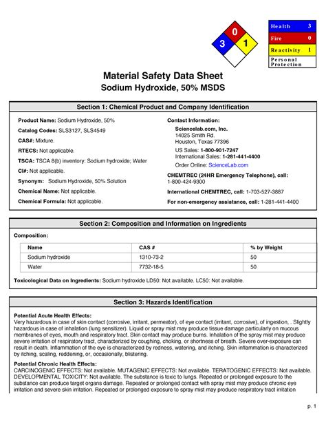 Sodium Hydroxide Msds P 1 0 3 1 He A Lth Fire Re A Ctiv Ity Pe Rs
