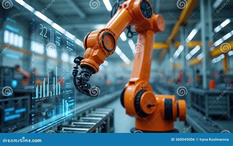 Advanced Robotic Arm Operates In Smart Factory Featuring Data Analytics Performance Metrics