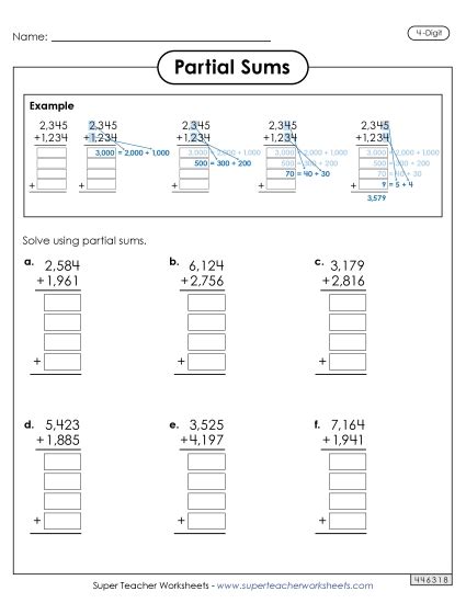4 Digit Partial Sums Addition With Example Printable Pdf Worksheet