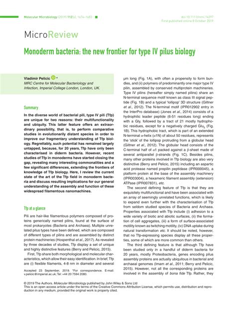 Pdf Monoderm Bacteria The New Frontier For Type Iv Pilus Biology