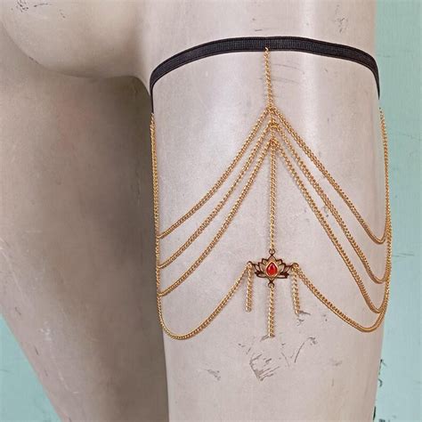 Ruby Stone Gold Thigh Chain Jewelry For Women Lotus Boho Body Chain