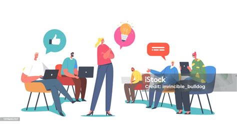 비즈니스 캐릭터 포커스 그룹은 창의적인 아이디어를 개발하고 파일럿 프로젝트에 대해 논의합니다 비즈니스 피플 팀워크 팀워크에 대한