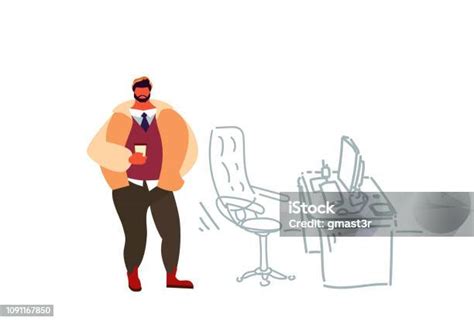 마시는 커피 직장 현대 캐비닛 캐주얼 사업 수염 남성 보스 비즈니스 남자 만화 캐릭터 전체 길이 사무실 인테리어 스케치 낙서 수평 개념에 대한 스톡 벡터 아트 및 기타