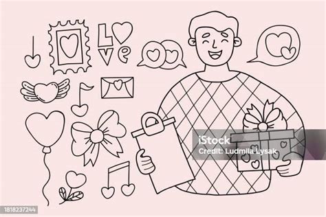 낙서를 사랑합니다 선물 하트 사랑 기호 발렌타인 데이 풍선 노트 편지와 귀여운 남자 벡터는 축제 디자인을 위한 고립된 낭만적인 윤곽선 손 그림 사랑에 대한 스톡 벡터 아트