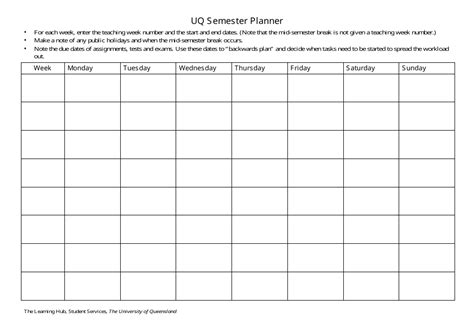 Semester Planner University Of Queensland Download Printable Pdf Templateroller