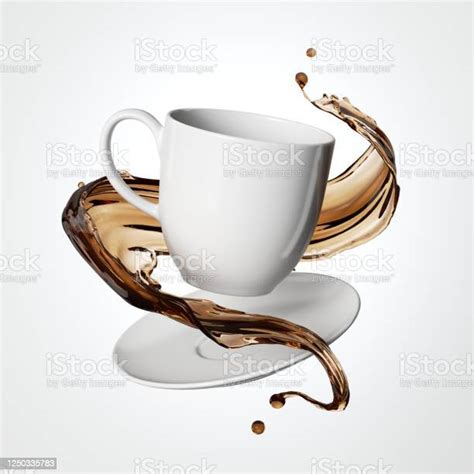 3d 렌더링 갈색 액체 커피 또는 차 음료와 빈 흰색 컵 흰색 배경에 고립 부양 개념 갈색에 대한 스톡 사진 및 기타 이미지 Istock