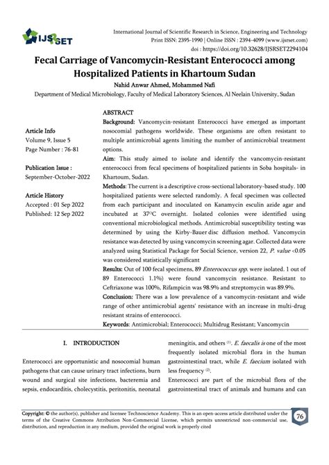 Pdf Fecal Carriage Of Vancomycin Resistant Enterococci Among Hospitalized Patients In Khartoum