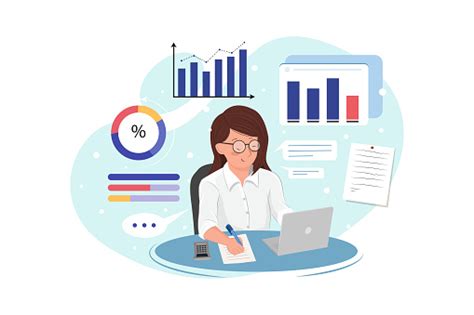 비즈니스 우먼은 데이터를 분석하고 회계 보고서를 작성합니다 계획에 대한 스톡 벡터 아트 및 기타 이미지 계획 금융 기업