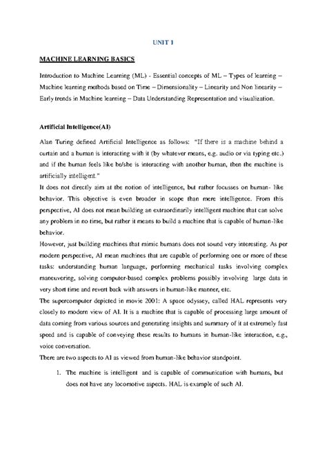 Unit 1 Notes Unit 1 Machine Learning Basics Introduction To Machine