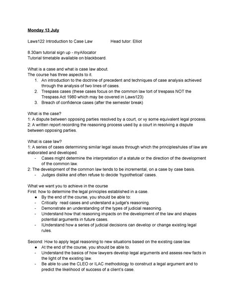 Week 1 Lecture Notes Monday 13 July Laws122 Introduction To Case Law
