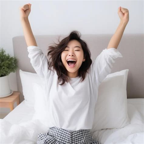 Premium Ai Image Portrait Of Smiling Happy Asian Girl Wakes Up