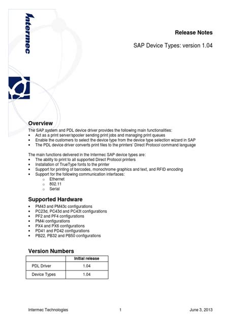 Sap Device Types Release Notes V1 04 Final Pdf Printer