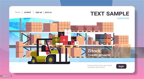 산타 클로스 에 지게차 트럭 로드 다채로운 선물 상자 배달 및 배송 개념 메리 크리스마스 새해 겨울 휴일 축하 수평 창고 인테리어 복사 공간 만화에 대한 스톡 벡터 아트 및