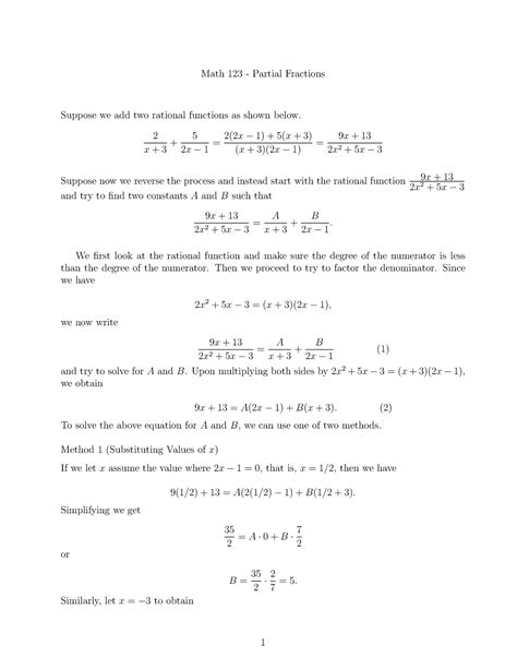 Math123fall23 Notes Partial Fractions Math 123 Partial Fractions