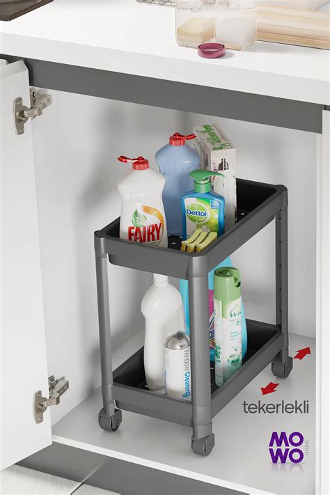 Mowo Home 2 Katlı Tekerlekli Düzenleyici Raf Gri Banyo Dolabı Mutfak Tezgah Ve Evye Altı