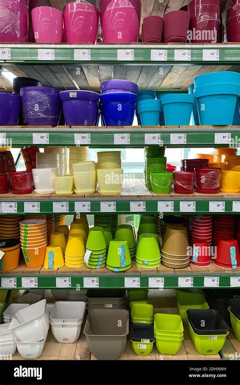 Variety Of Colorful Flower Pots Are Sold At The Store Rows Of
