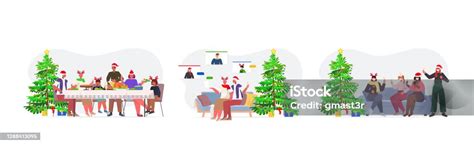 행복한 새해와 메리 크리스마스 겨울 휴일을 축하하는 산타 모자에 세트 믹스 경주 사람들 겨울에 대한 스톡 벡터 아트 및 기타 이미지 겨울 아이 코로나바이러스 Istock