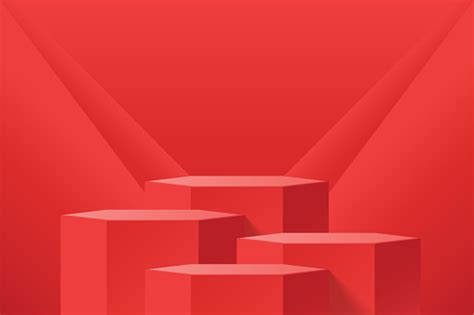 스튜디오 룸에 있는 추상적인 빨간색 3d 배경 기하학적 모양의 사실적인 3d 육각형 연단에 서 있습니다 모형 또는 제품 진열대를 위해 최소한의 벽 장면으로 렌더링합니다