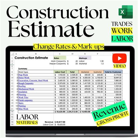 Construction Estimating Spreadsheet Template Etsy