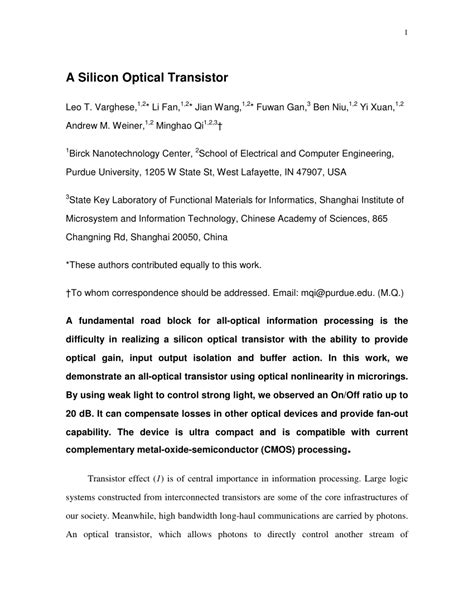 Pdf A Silicon Optical Transistor