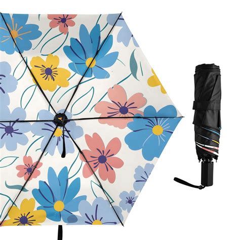 Fresh Colorful Flowers Triple Folding Umbrella Parasol 6 Ribs Uv