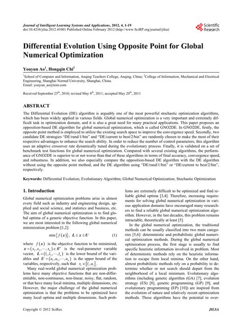 Pdf Differential Evolution Using Opposite Point For Global Numerical Optimization