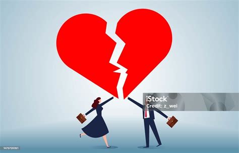 사회적 결혼 또는 가족 문제 어려운 관계를 가진 젊은 부부 부부 간의 이혼 또는 깨진 관계 젊은 부부는 각각 상한 하트 모양을