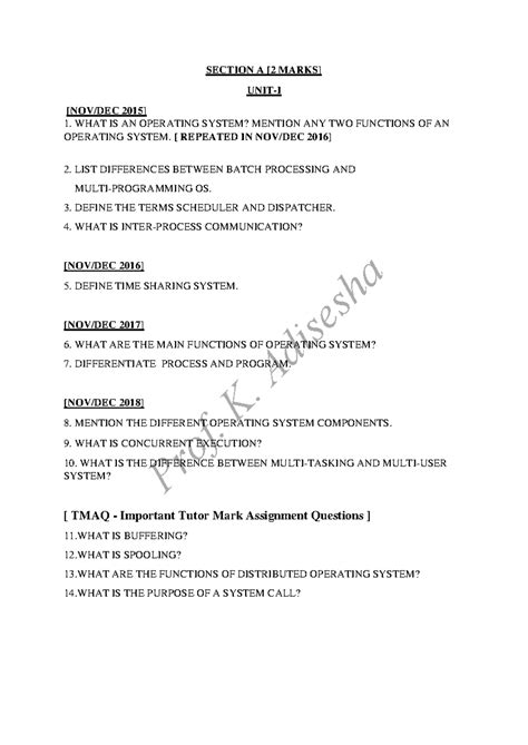 Os Question Bank Operating Systems Notes Prof K Adisesha Section A [2 Marks] Unit I [nov