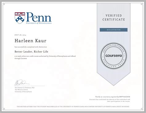 Coursera Verified Certificate Better Leader Richer Life July2014 Ppt