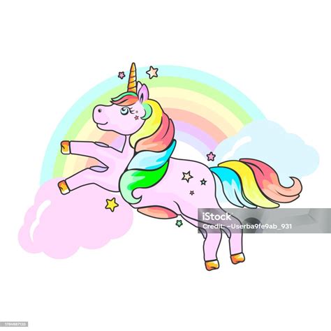 구름과 별에 무지개에 유니콘 벡터 일러스트 레이 션입니다 어린이용 디자인 엽서에 대 한 귀여운 캐릭터 페가수스에 대한 스톡 벡터 아트 및 기타 이미지 Istock