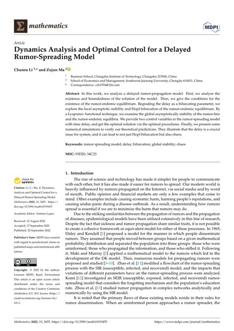 Pdf Dynamics Analysis And Optimal Control For A Delayed Rumor