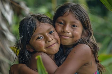 Premium Photo Two Girls From The Peruvian Jungle Pose Smiling For The