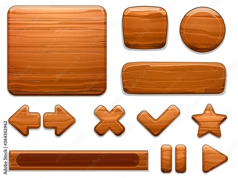 Wooden UI. Wood textured plate frame, cartoon banner panel and game buttons. Arrow, star and ...