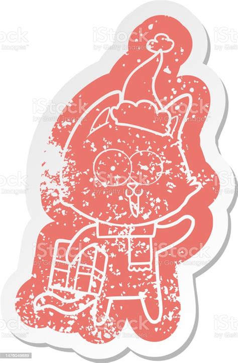 산타 모자를 쓴 고양이의 재미있는 기발한 만화 고민 스티커 고양이 새끼에 대한 스톡 벡터 아트 및 기타 이미지 고양이 새끼 귀여운 그런지 이미지 기법 Istock