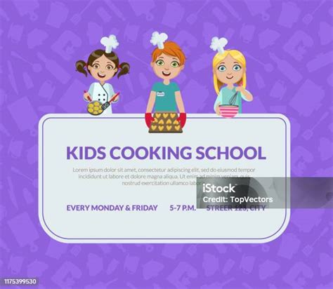 귀여운 아이들과 텍스트 벡터 일러스트 를위한 장소와 함께 학교 배너 템플릿을 요리하는 아이 가정 주방에 대한 스톡 벡터 아트 및 기타 이미지 가정 주방 가정의 방