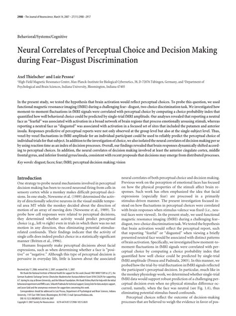 Pdf Neural Correlates Of Perceptual Choice And Decision Making During Fear Disgust Discrimination
