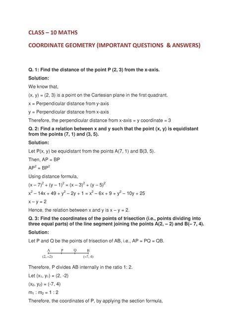Coordinate Geometry It S Important Questions And Answers CLASS MATHS COORDINATE