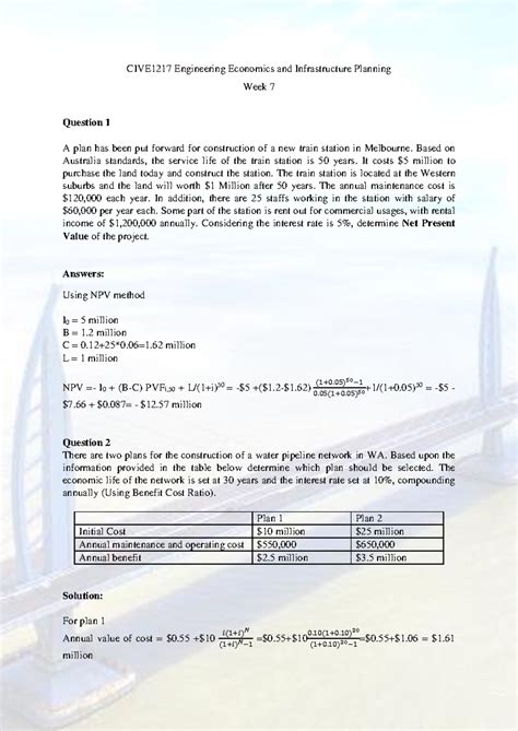 Week 7 Tutorial Answers 3 Cive1217 Engineering Economics And