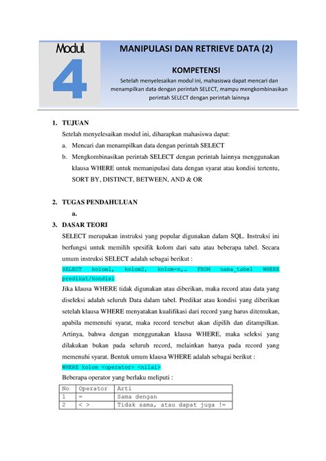 Modul Praktikum Basis Data MANIPULASI DAN RETRIEVE DATA KOMPETENSI Setelah Menyelesaikan