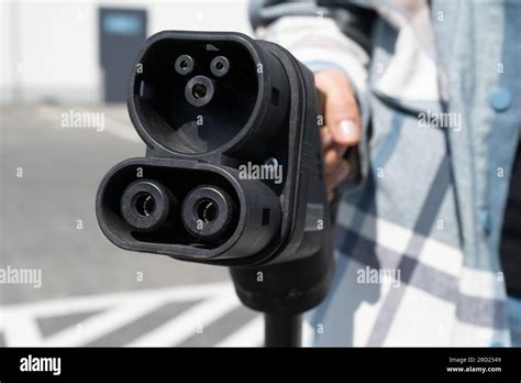 Woman Holding Ccs Socket Type 2 Fast Combined Charging System Combo 2 Connector Plug For