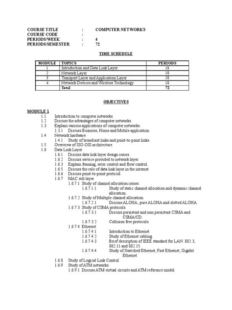 Course Title Computer Networks Course Code Periodsweek 4 Periods