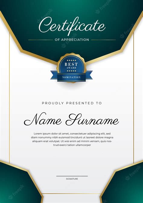 감사장 템플릿 금색과 검은색 녹색 색상 금 배지가 있는 깨끗한 현대 인증서 고급스럽고 현대적인 라인 패턴이 있는 인증서 테두리 템플릿 졸업장 벡터 템플릿 프리미엄 벡터