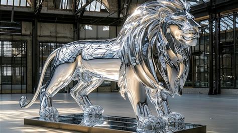 Chrome Lion Sculpture In Industrial Space Premium Ai Generated Image