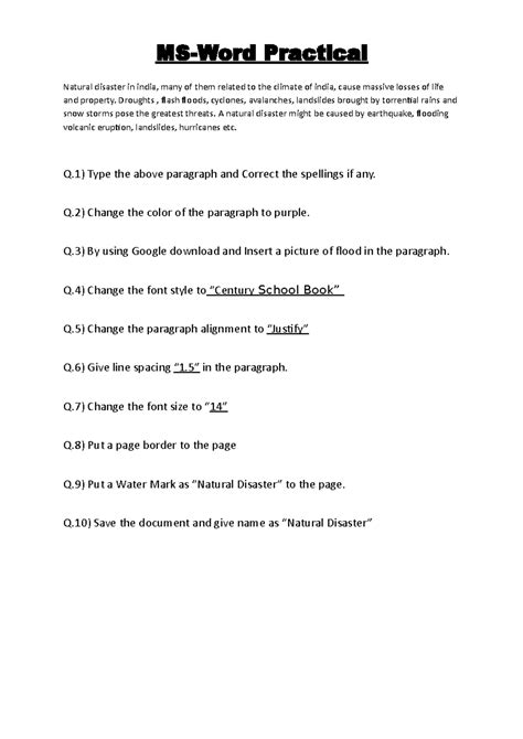 Ms Word Practical I Want To Learn Computer Ms Word Practical Natural Disaster In India Many